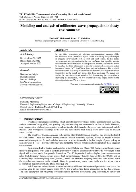 Pdf Modeling And Analysis Of Millimeter Wave Propagation In Dusty Environments