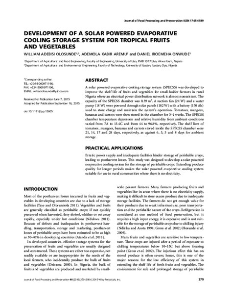 Pdf Development Of A Solar Powered Evaporative Cooling Storage System