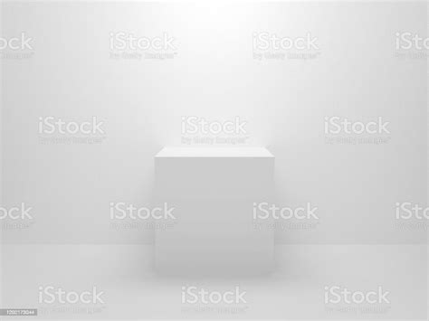 3d 전시 스탠드 프리젠 테이션 및 박람회를위해 회색 배경에 고립 된 흰색 빈 빈 연단 모의 저장소에 대한 추상 3d 큐브 디스플레이 제품에 대 한 받침대 인테리어 무대