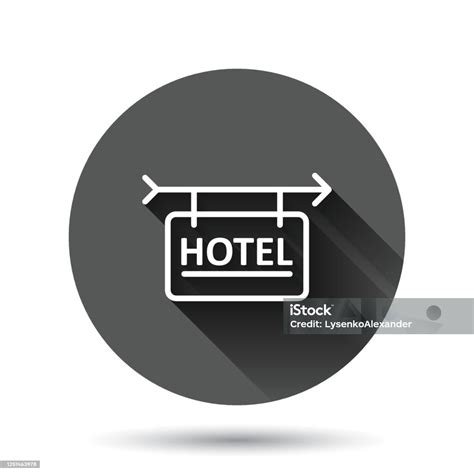 플랫 스타일의 호텔 사인 아이콘 긴 그림자 효과와 검은 둥근 배경에 여관 벡터 그림 호스텔 룸 정보 서클 버튼 비즈니스 컨셉