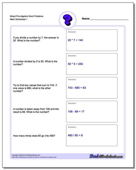 Mixed Pre Algebra Word Problems Worksheet PreAlgebra Word Problems Worksheet Subtraction