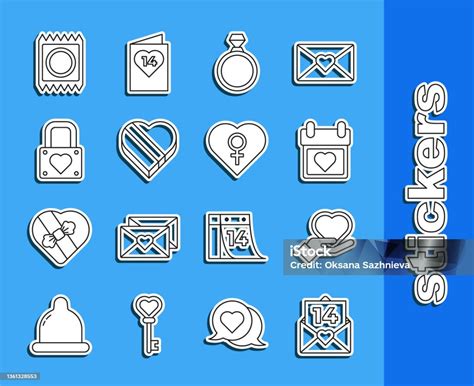 발렌타인 하트 하트 온 핸드 캘린더 다이아몬드 약혼 반지 캔디 모양의 상자 잠금 콘돔 패키지 및 여성 성별 아이콘이있는 세트 라인 봉투 벡터 개념에 대한 스톡 벡터 아트 및