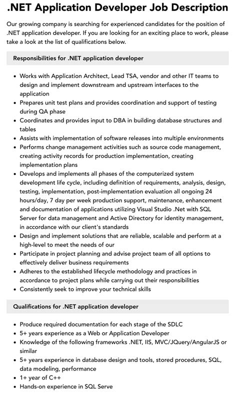 Net Application Developer Job Description Velvet Jobs