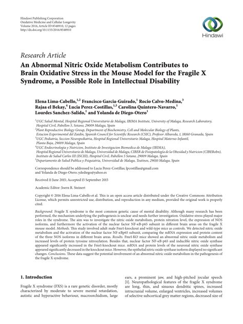 Pdf An Abnormal Nitric Oxide Metabolism Contributes To Brain Oxidative Stress In The Mouse