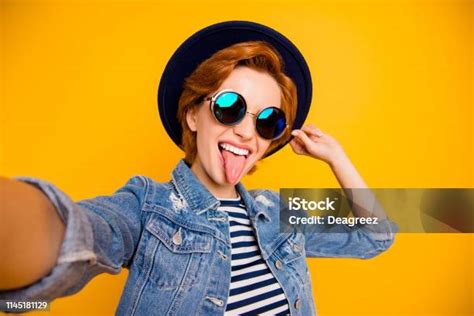 Close Up Photo Funny Funky Attractive She Her Lady Make Take Selfies