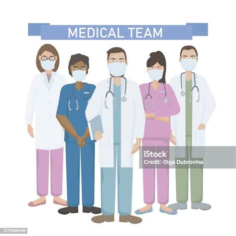 제복을 입은 의사와 의료진의 팀 바이러스 및 감염으로부터 보호하기 위해 의료 호흡기 마스크를 착용 의료 및 도움의 개념 벡터 간호사에 대한 스톡 벡터 아트 및 기타 이미지