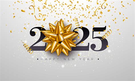 2025 새해 복 많이 받으세요 그림 와 숫자 타이포그래피 편지 금 크리스마스 장식 와 흰색 배경에 떨어지는 색종이 전단지 배너 인사말 카드 축하 포스터 파티 초대장 또는