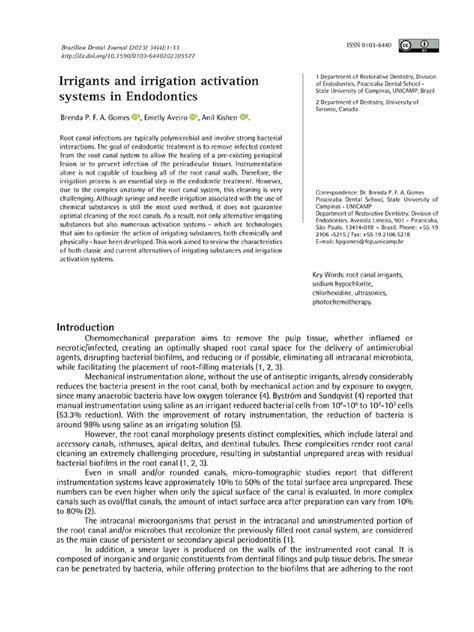 Irrigants And Irrigation Activation Systems In Endodontics1 1 Pdf