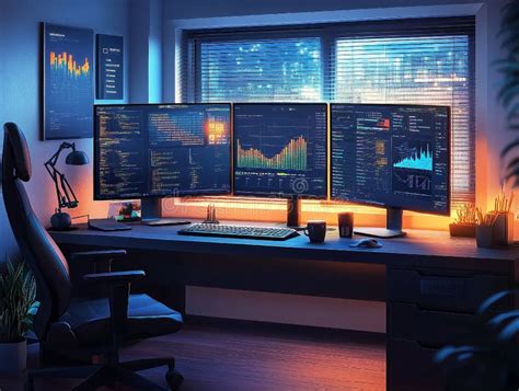 Modern Trading Setup With Multiple Monitors In Cozy Home Office Stock