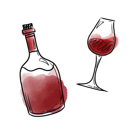 Vector Illustration With A Bottle And A Glass Of Red Wine In Watercolor