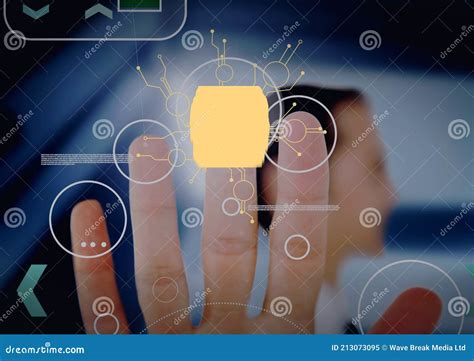 Businesswoman Finger Over Biometric Scanner And Microprocessor Connections Against Blue