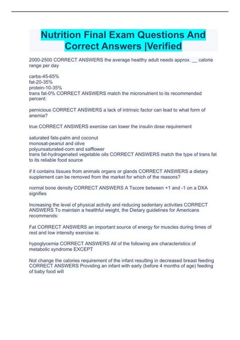 Nutrition Final Exam Questions And Correct Answers Verified