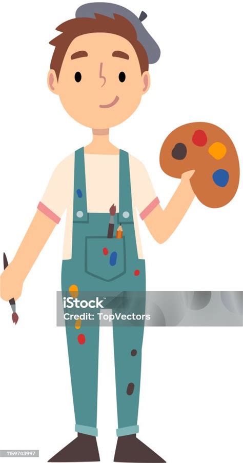 팔레트와 페인트 브러시와 소년 예술가 캐릭터 미래의 직업 벡터 일러스트의 아이 꿈 교육에 대한 스톡 벡터 아트 및 기타 이미지 교육 귀여운 기술 Istock