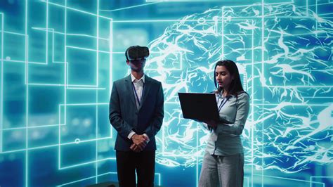 Technician Wearing Vr Headset Looks At Hologram Of Artificial Intelligence Human Brain