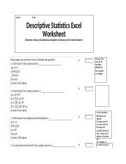 Descriptive Statistics Excel Worksheet Module 1 1 Name Date Descriptive Statistics Excel