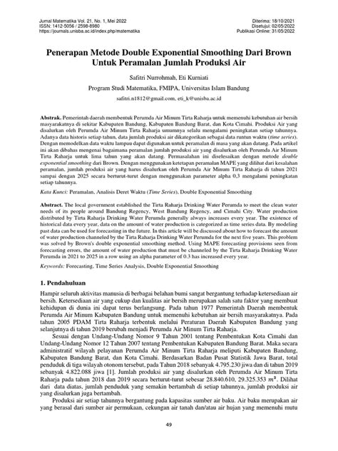 Penerapan Metode Double Exponential Smoothing Dari Brown Untuk Peramalan Jumlah Produksi Air Pdf