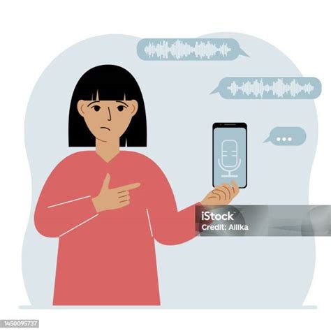 한 여성이 음성 비서 응용 프로그램을 사용하여 스마트 폰을 들고 있습니다 음성 인식 개념입니다 스마트 스피커 응용 프로그램 사무실 컨트롤러 핸즈프리 전화 통화 음성 명령