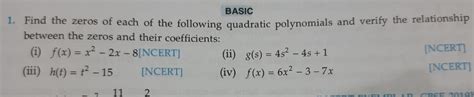 Basic1 Find The Zeros Of Each Of The Following Quadratic Polynomials An