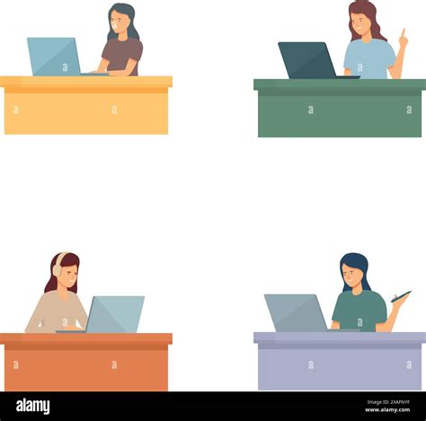 Illustrations Featuring Four Women Engaged In Various Tasks At Work Desks With Laptops Stock