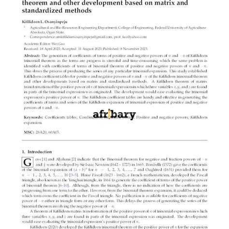 Establishment Of Kifilideen Coefficient Tables For Positive And