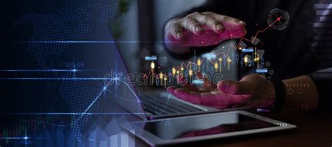 Business Finance Data Analytics Graph Chart Report Man Using Laptop Computer Hand Typing