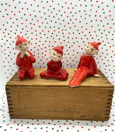 Vintage Gilner Red Pixie Elves 1950s Set Of Three Etsy