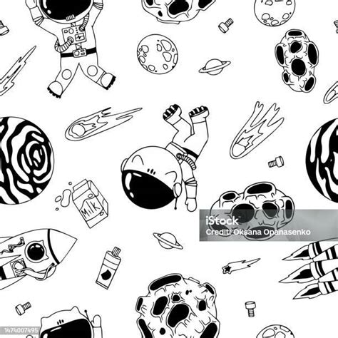 열린 공간에서 우주 비행사 Ufo 우주선 로켓 태양계 은하계 여행 은하 행성 소행성 혜성 별똥별 흑백 패턴입니다 벡터 개체 그룹에 대한 스톡 벡터 아트 및 기타 이미지