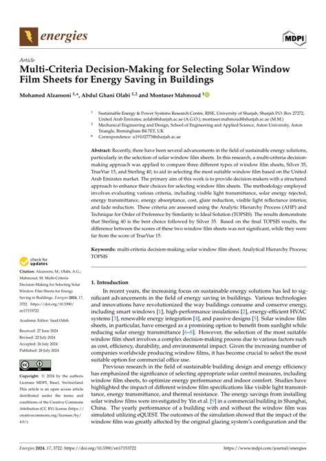 Pdf Multi Criteria Decision Making For Selecting Solar Window Film Sheets For Energy Saving In
