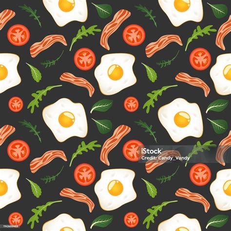 튀긴 계란 베이컨 토마토와 양상추와 어두운 배경에 완벽 한 패턴입니다 오믈렛 스크램블 계란 아침 식사 벡터 일러스트입니다 건강한 생활방식에 대한 스톡 벡터 아트 및 기타