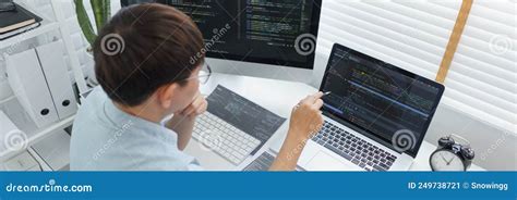 Software Development Concept Male Programmer Pointing On Laptop Screen