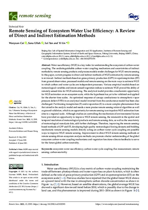 Pdf Remote Sensing Of Ecosystem Water Use Efficiency A Review Of Direct And Indirect