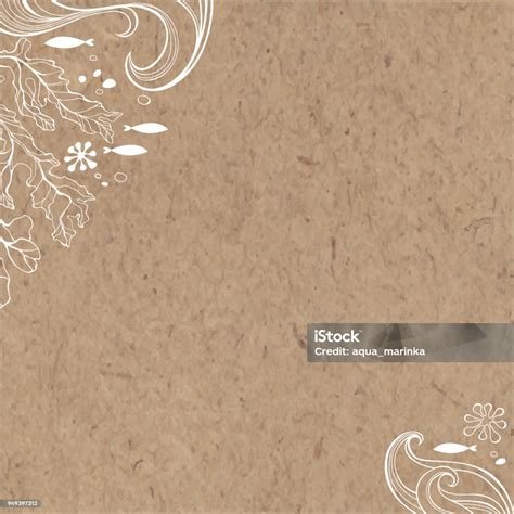 물고기와 식물 해양 배경입니다 Kraft 종이에 텍스트에 대 한 장소를 가진 벡터 일러스트 코너 구성입니다 초대장 인사말 카드 또는 디자인에 대 한 요소 0명에 대한 스톡