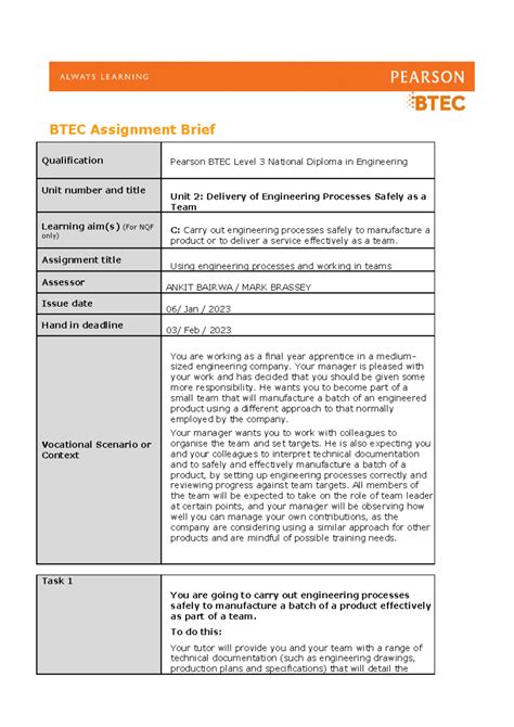 Assignment Brief For Learning Aim C Unit 2 Delivery Of Engineering Processes Safely As A Team
