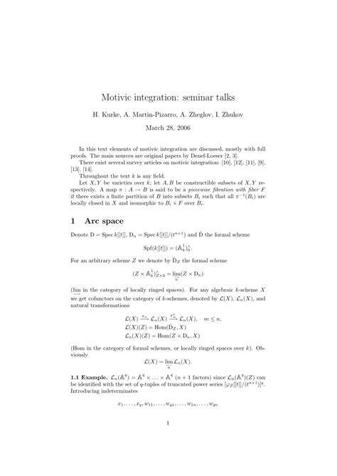Pdf Motivic Integration Seminar Talks
