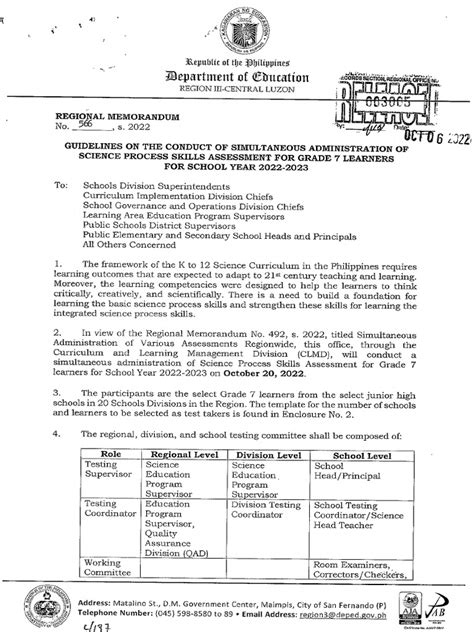 Rm No 566 S 2022 Guidelines On The Conduct Of Simultaneous Administration Of Science Process