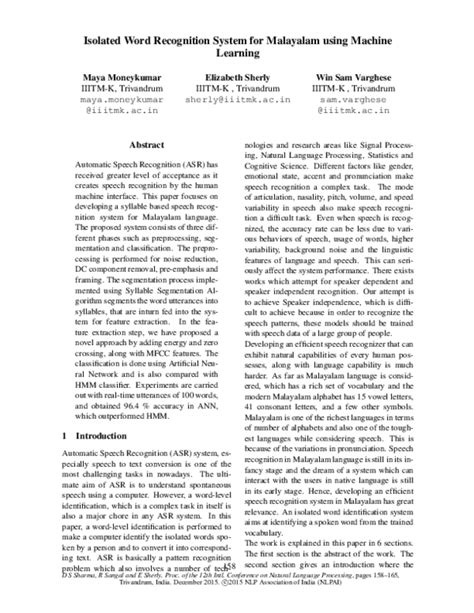 Pdf Isolated Word Recognition System For Malayalam Using Machine Learning