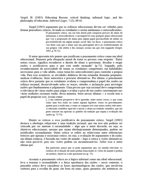 Educating Reason Critical Thinking Informal Logic And The