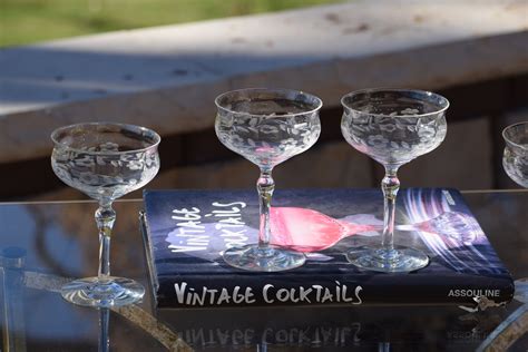 4 Vintage Etched Cocktail Glasses Bryce ~ 1950s Vintage Etched Champagne Coupes Unique