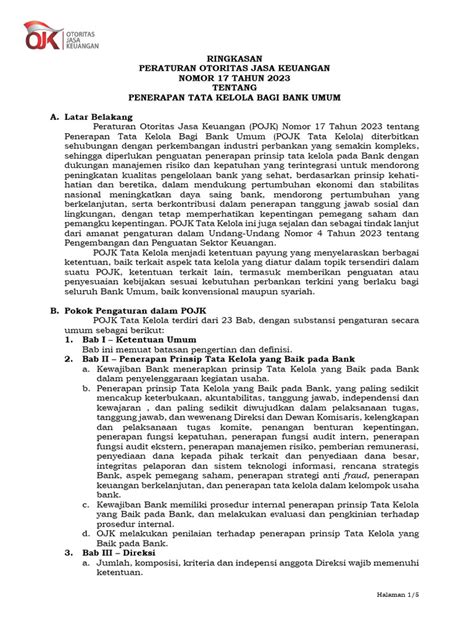 Ringkasan Pojk 17 Tahun 2023 Penerapan Tata Kelola Bagi Bank Umum Pdf