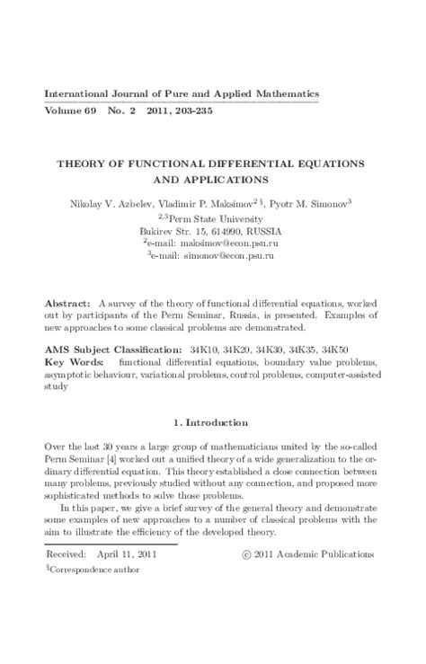 Pdf Theory Of Functional Differential Equations And Applications