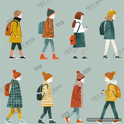 Ai创作图服装搭配插画人物 现代街景人物 服装背包插画图片 走路人物素材 冬季人物着装 插画人物素材组合 时尚人物插画素材 潮流服饰插画 羽绒服插画 都市人插画 人物背影插画 现代简约人物插画