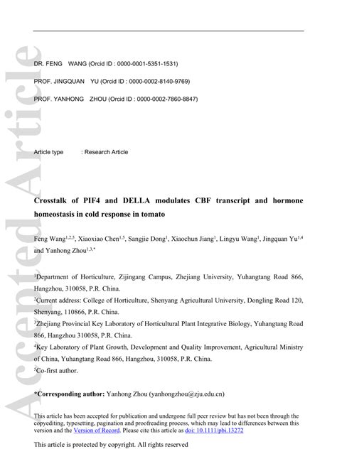 Pdf Crosstalk Of Pif4 And Della Modulates Cbf Transcript And Hormone Homeostasis In Cold