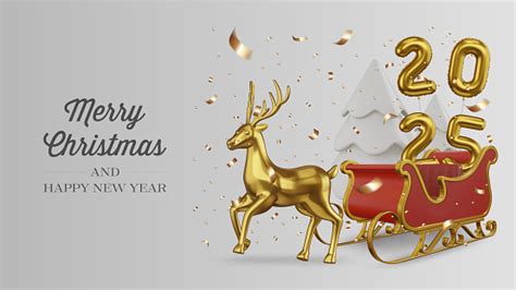 새해 복 많이 받으세요 배너 와 금 순록 와 썰매 3d 사실적인 요소가 있는 크리스마스 배경 2025 골드 넘버가 있는 포스터 0명에 대한 스톡 벡터 아트 및 기타 이미지
