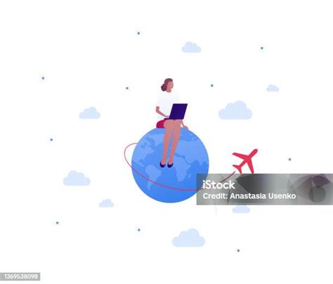 관광 글로벌 비즈니스 및 교육 개념 벡터 플랫 피플 일러스트레이션 비행기와 하늘 배경에 행성 지구 지구 기호에 앉아 노트북을