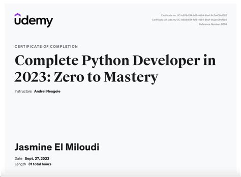 completed the zero to mastery python course jasmine el miloudi
