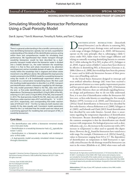 Pdf Simulating Woodchip Bioreactor Performance Using A Dual Porosity Model