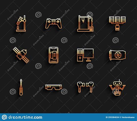 Set Line Screwdriver Smart Glasses Test Tube Flask On Fire Air Headphones Robot Smartphone