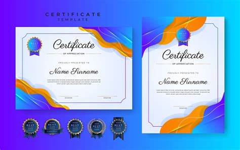 고급 배지와 현대적인 라인 패턴이있는 업적 테두리 템플릿의 현대 파란색 인증서 수상 비즈니스 및 교육 요구 사항 0명에 대한 스톡 벡터 아트 및 기타 이미지 Istock