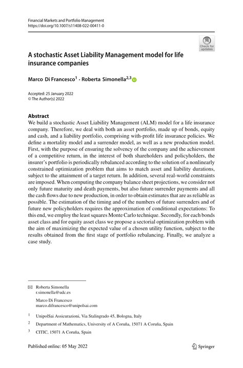 Pdf A Stochastic Asset Liability Management Model For Life Insurance