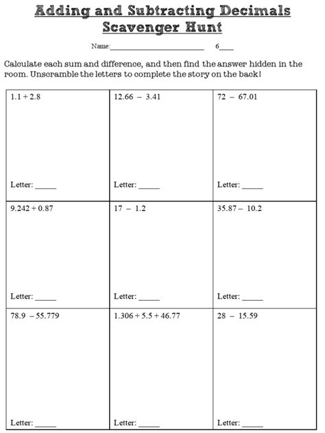 Adding And Subtracting Decimals Scavenger Hunt Pdf Arithmetic Mathematics